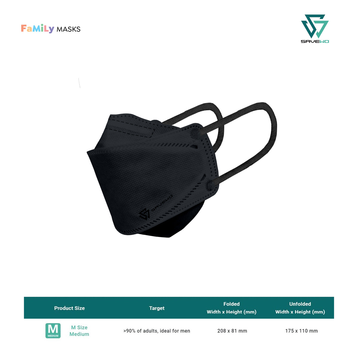 SAVEWO 3DMASK KURO KF94/FFP2 (Black) - Medium (M) Adults – Family Masks