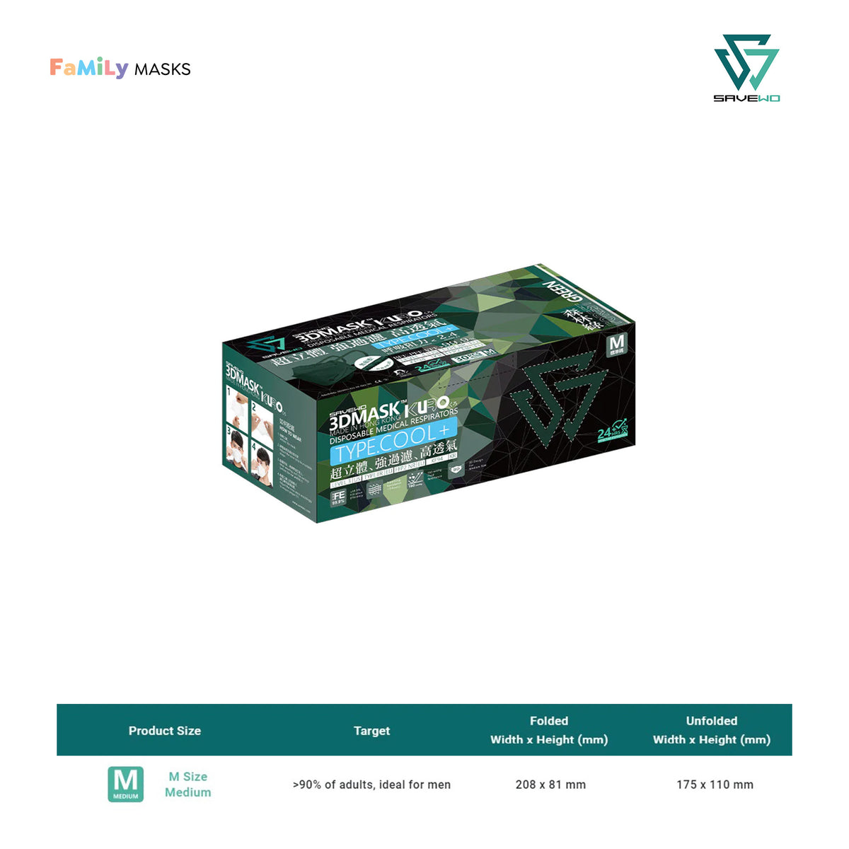 SAVEWO 3DMASK KURO KF94/FFP2 (Deep Green) - Medium (M) Adults – Family ...