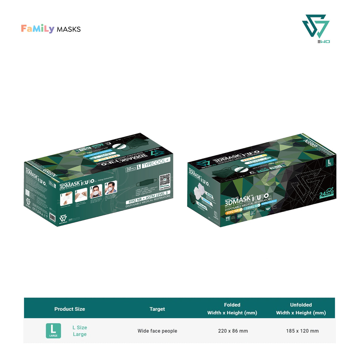 SAVEWO 3DMASK KURO KF94/FFP2 (Deep Green) - Large (L) Adults – Family Masks